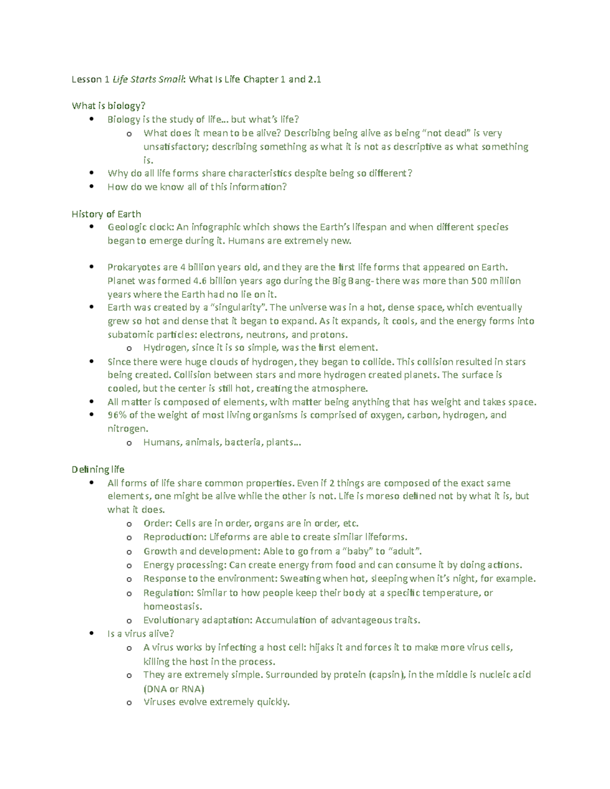 BIOL1103 notes final - Lesson 1 Life Starts Small: What Is Life Chapter ...