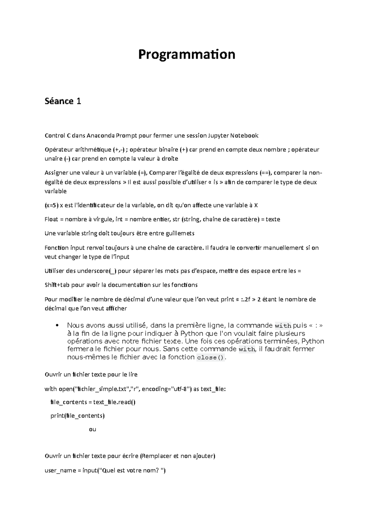 Note séance - Final - Programmation Séance 1 Control C dans Anaconda ...