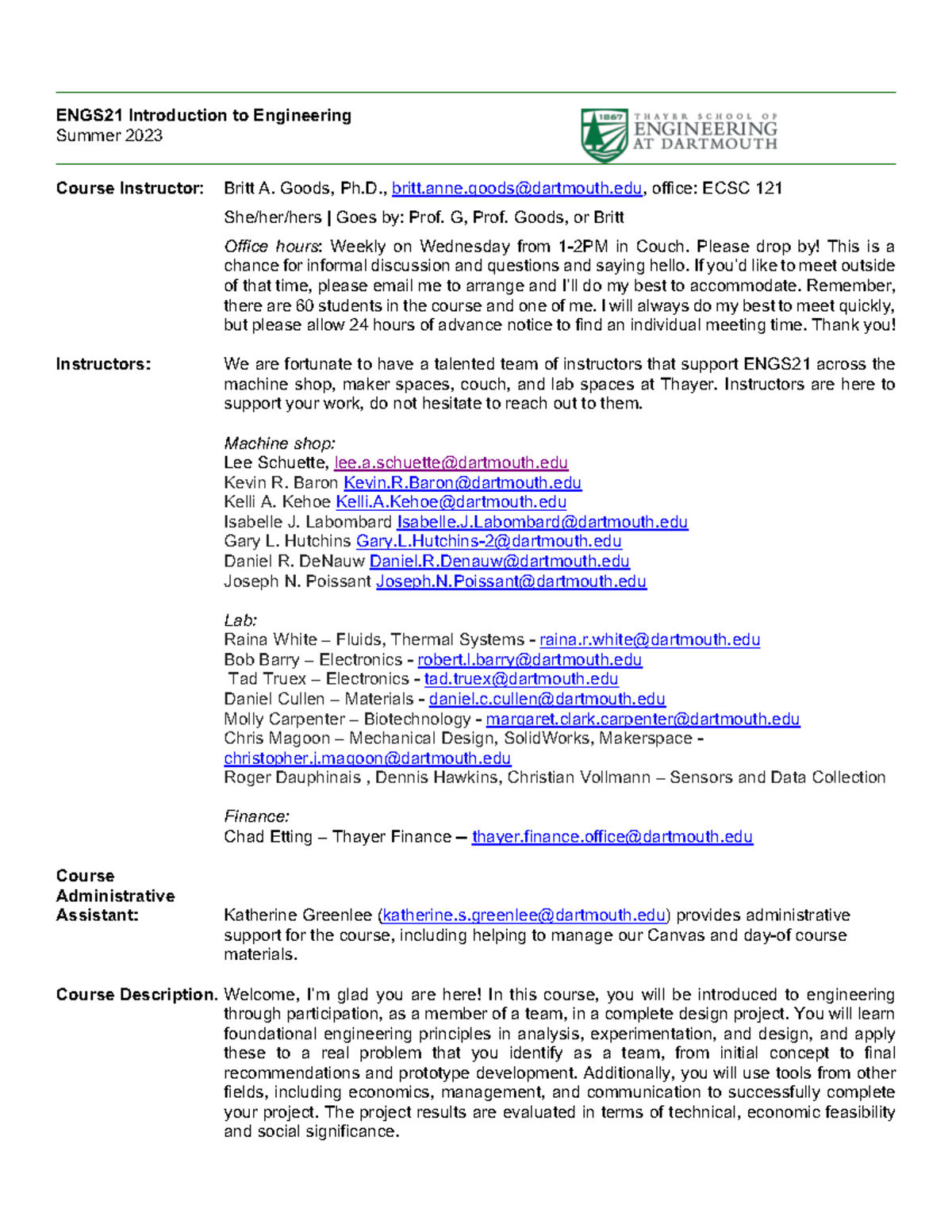 ENGS21 X23 Syllabus - ENGS21 Introduction to Engineering Summer 202 3 ...