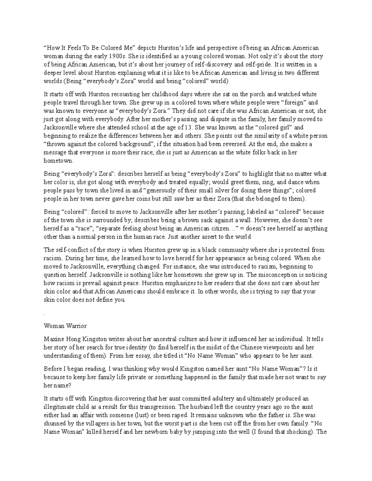 How It Feels To Be Colored Me Reading Entires - “How It Feels To Be ...