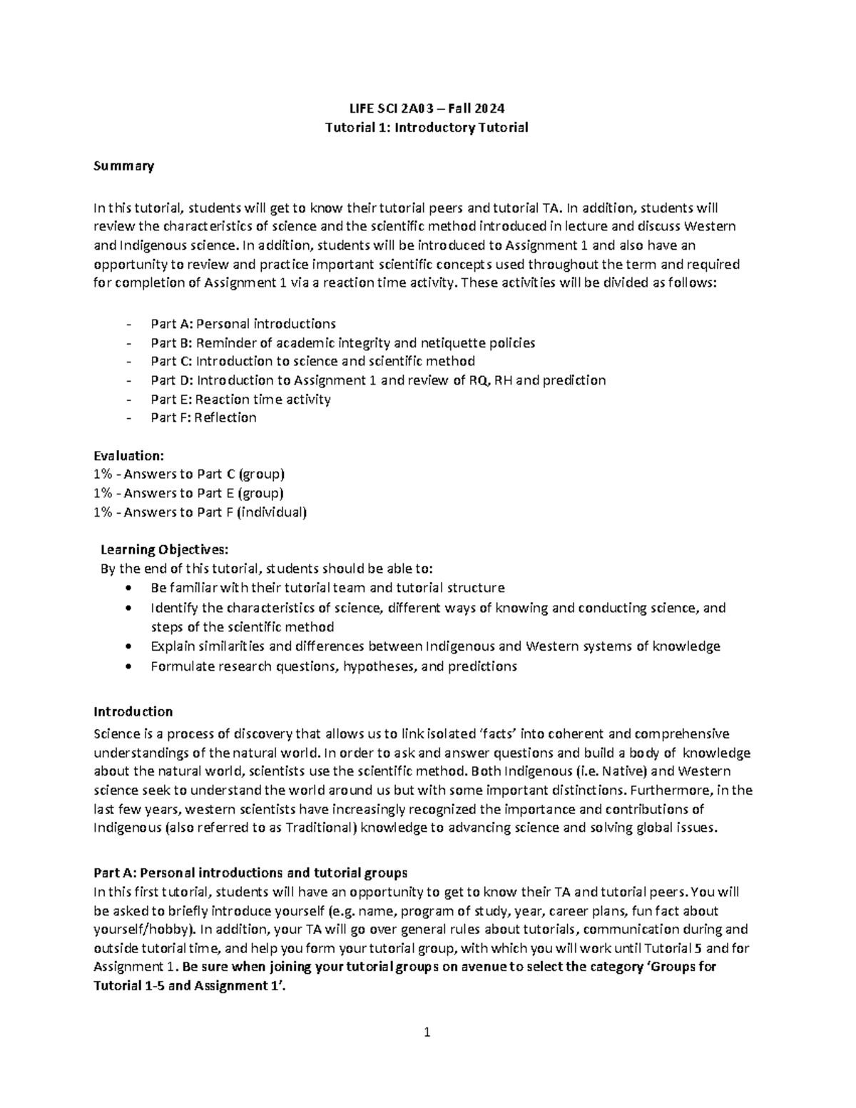LS2A03 F2024 Tutorial 1 Intro Tutorial student - 1 LIFE SCI 2A03 – Fall 2024 Tutorial 1: - Studocu