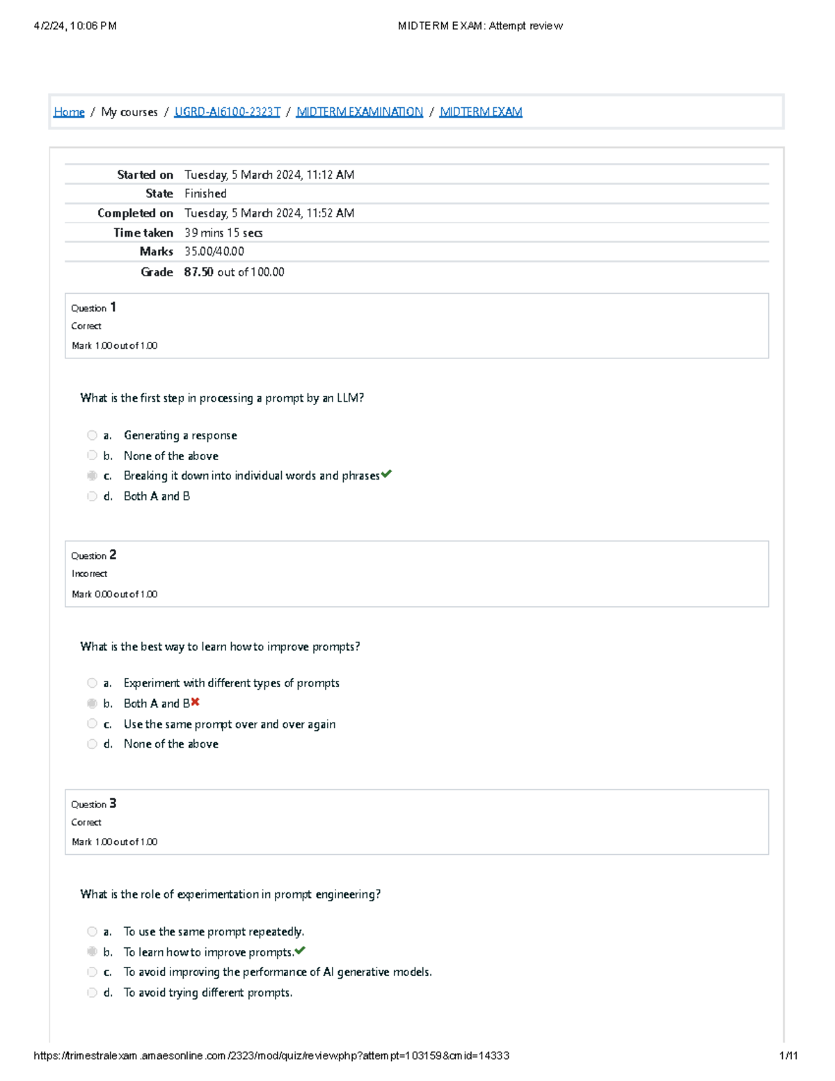Midterm EXAM Attempt review - Home / My courses / UGRD-AI6100-2323T / MIDTERM EXAMINATION ...