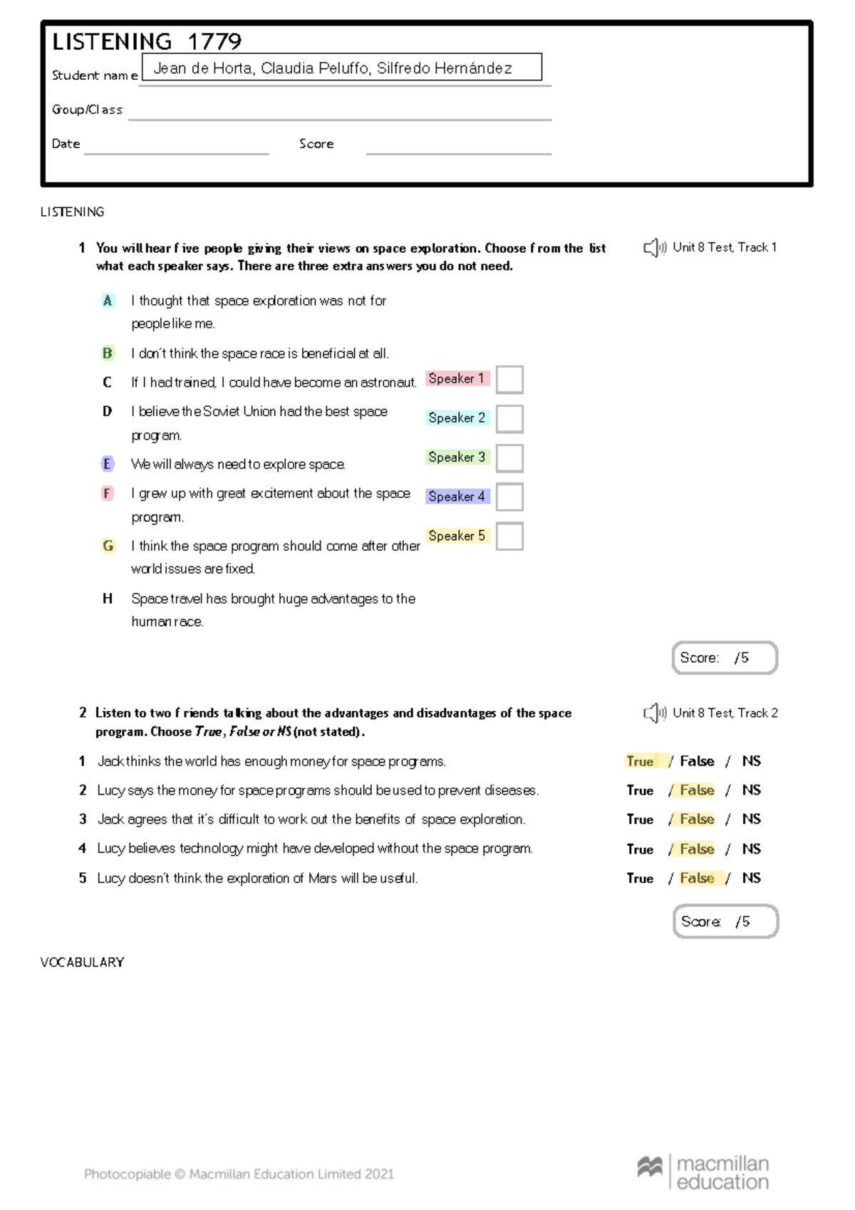 Listening 1779 - Taller - Score: / 5 LISTENING 1 You will hear f ive ...