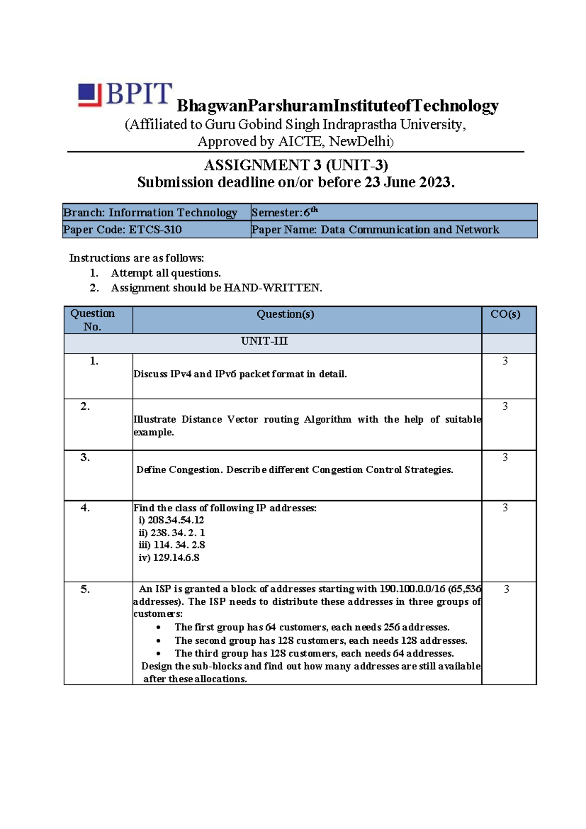 DCN Assignment QUESTIONS - BhagwanParshuramInstituteofTechnology (Affiliated to Guru Gobind ...