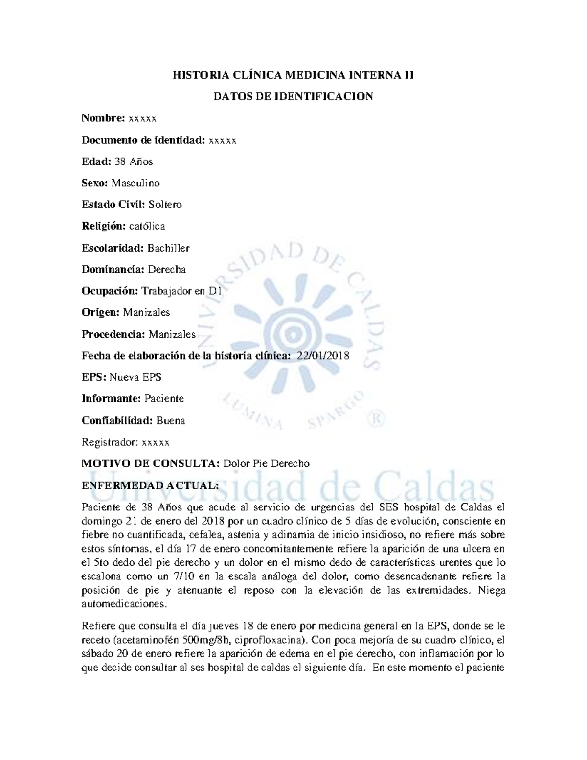 Historia Clinica Medicina Interna II - HISTORIA MEDICINA INTERNA II DATOS DE IDENTIFICACION ...