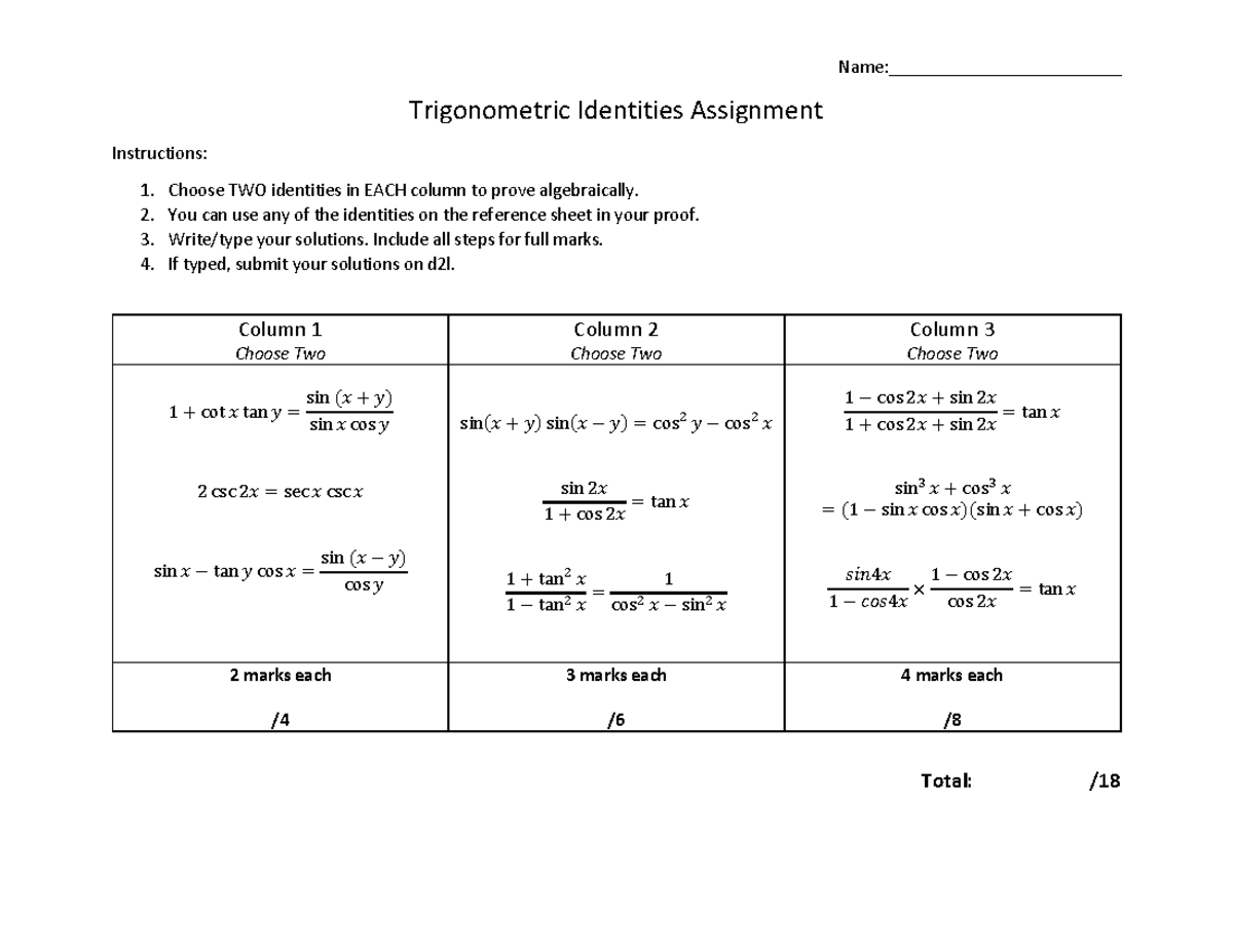 MHFTrigonometric Identities Assignment - Name ...