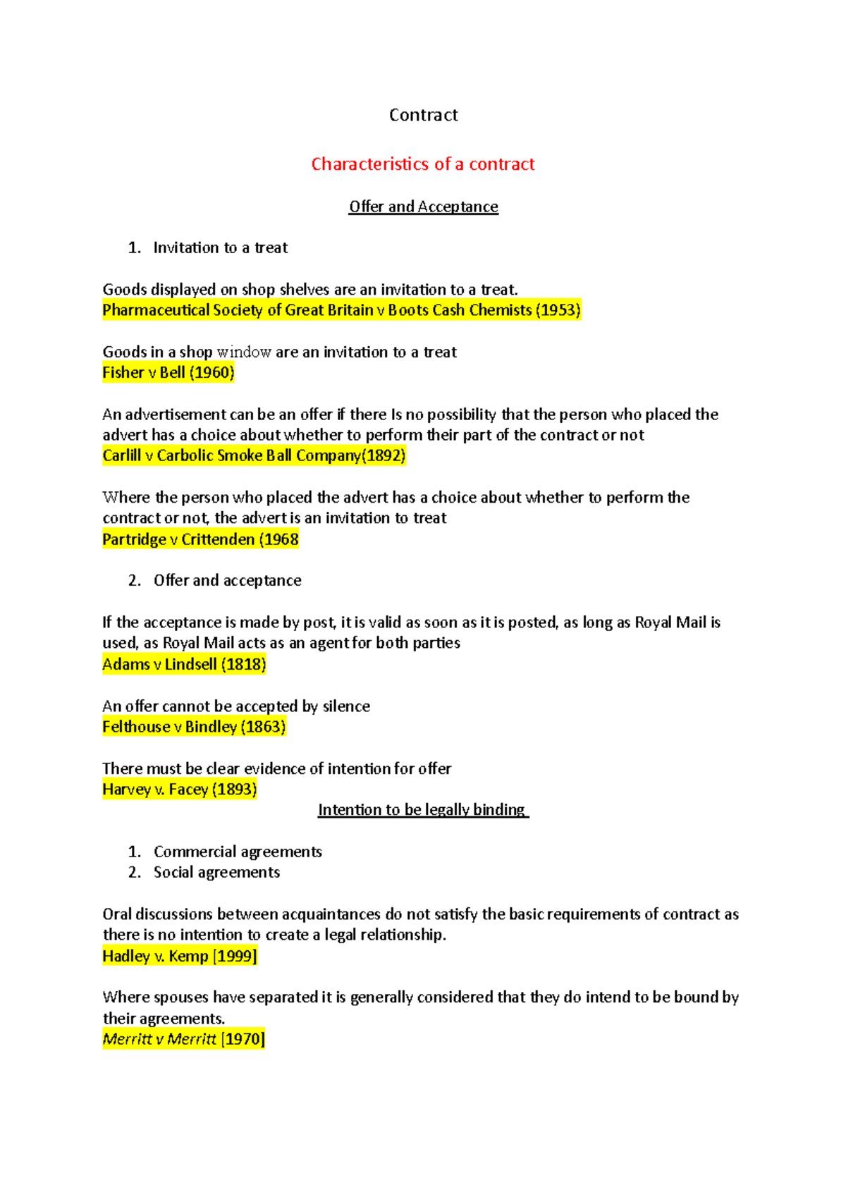 Contract - Lecture Notes - Contract Characteristics of a contract Offer ...