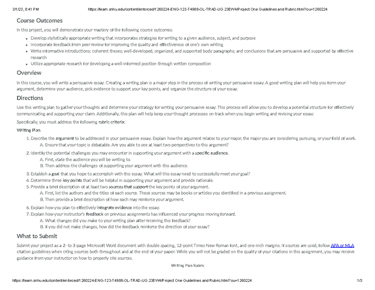 Project One Guidelines and Rubric - 3/1/23, 8:41 PM - Studocu