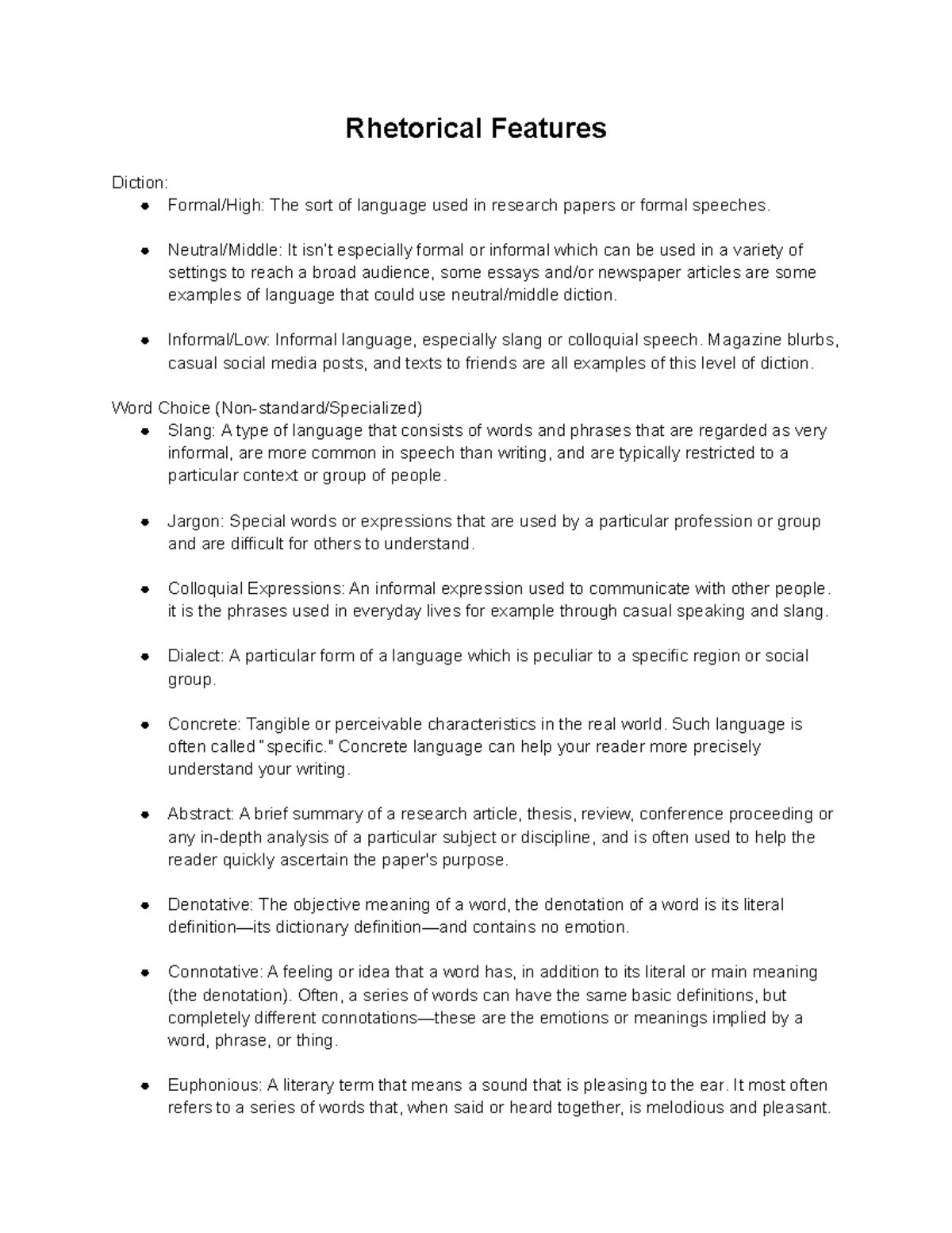 Copy of Rhetorical Features - Rhetorical Features Diction: Formal/High ...