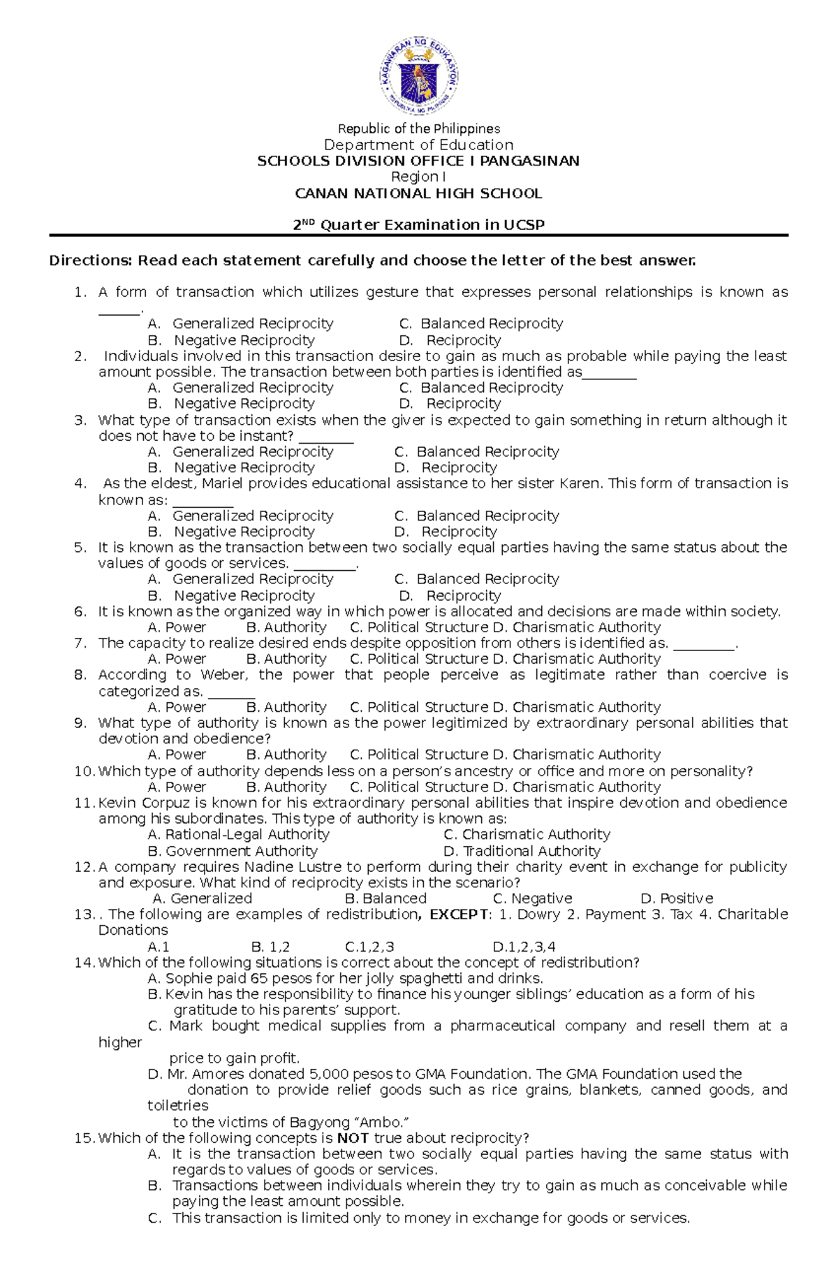 2nd quarter exam - examination in ucsp - Republic of the Philippines ...