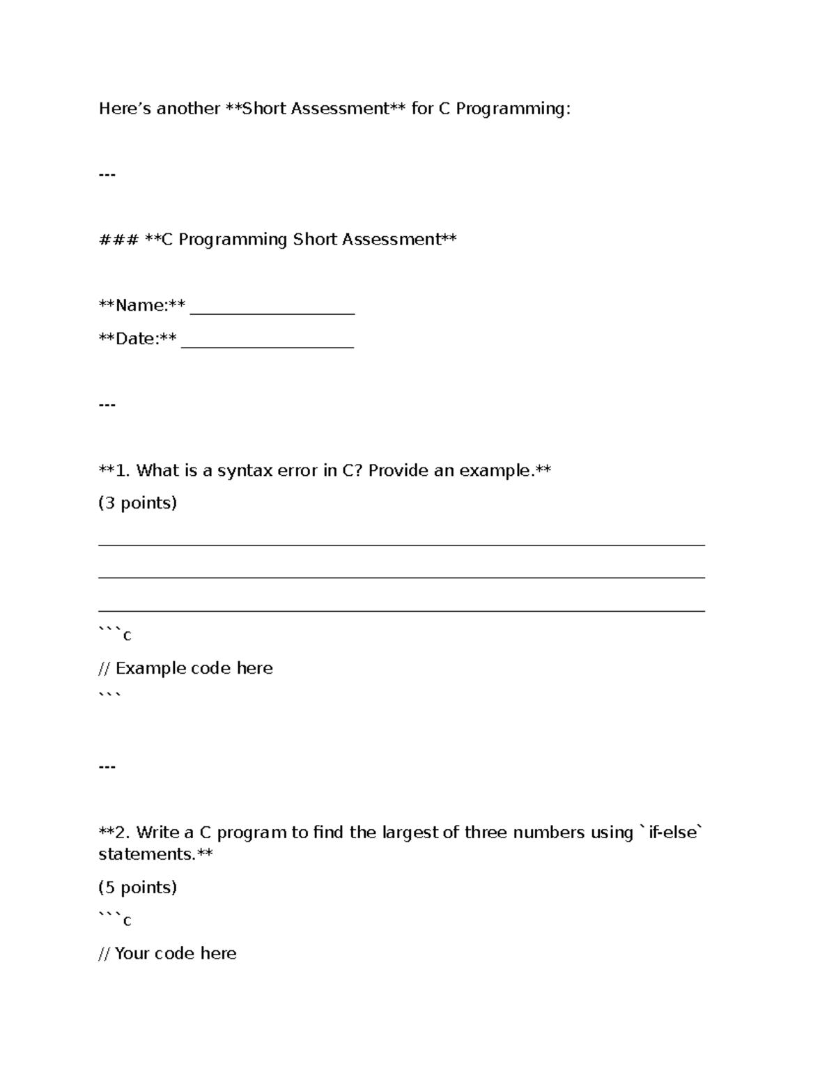 Assessment 4 - What is a syntax error in C? Provide an example. (3 ...