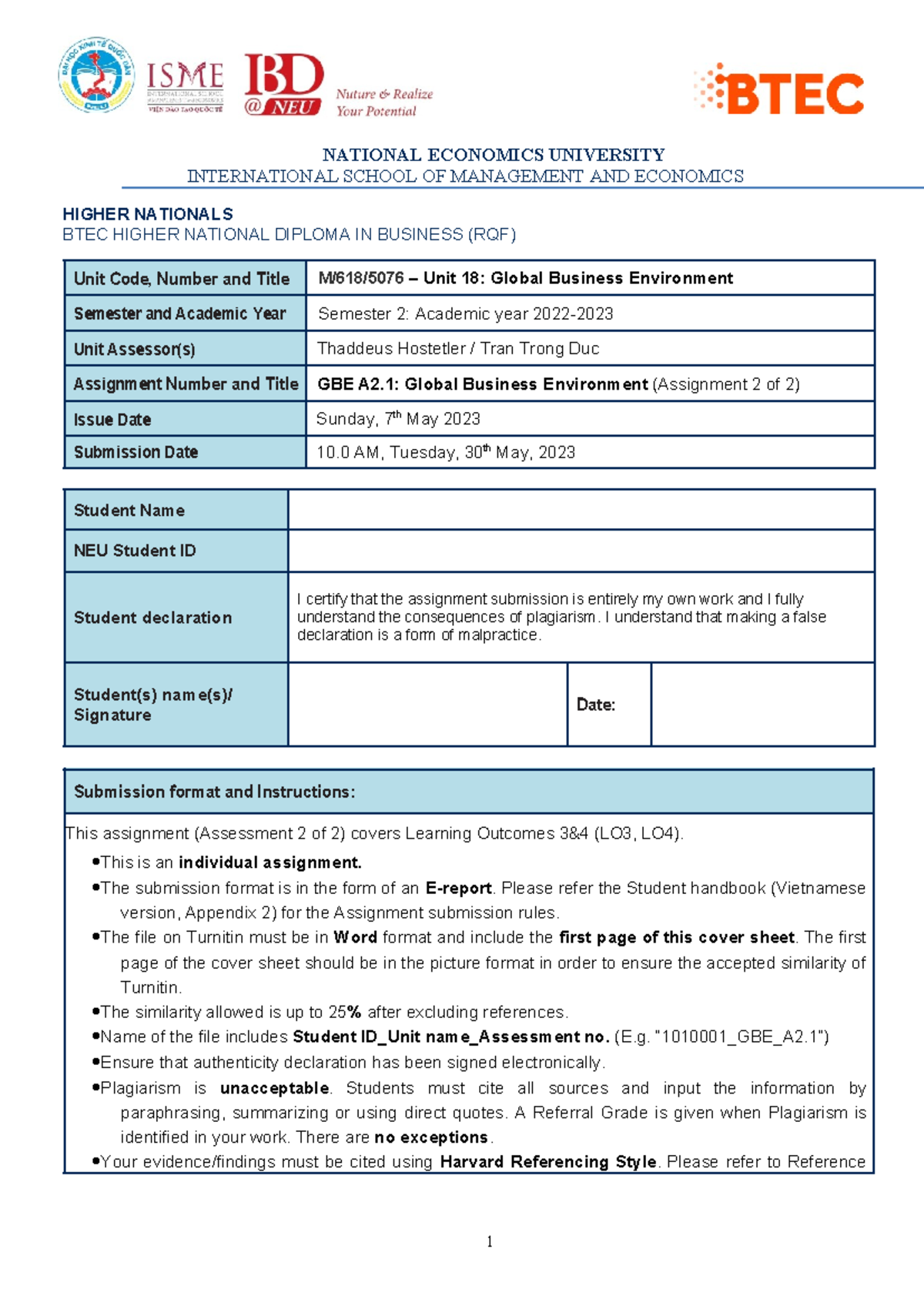 Assignment Brief GBE A2.1 Spring 2023 - NATIONAL ECONOMICS UNIVERSITY INTERNATIONAL SCHOOL OF ...
