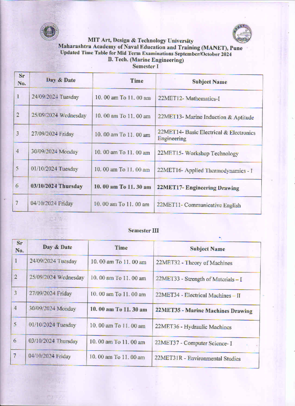 Updated mid term time table B. Tech - REEN NEWS, MIT Art, Design Technology University ...