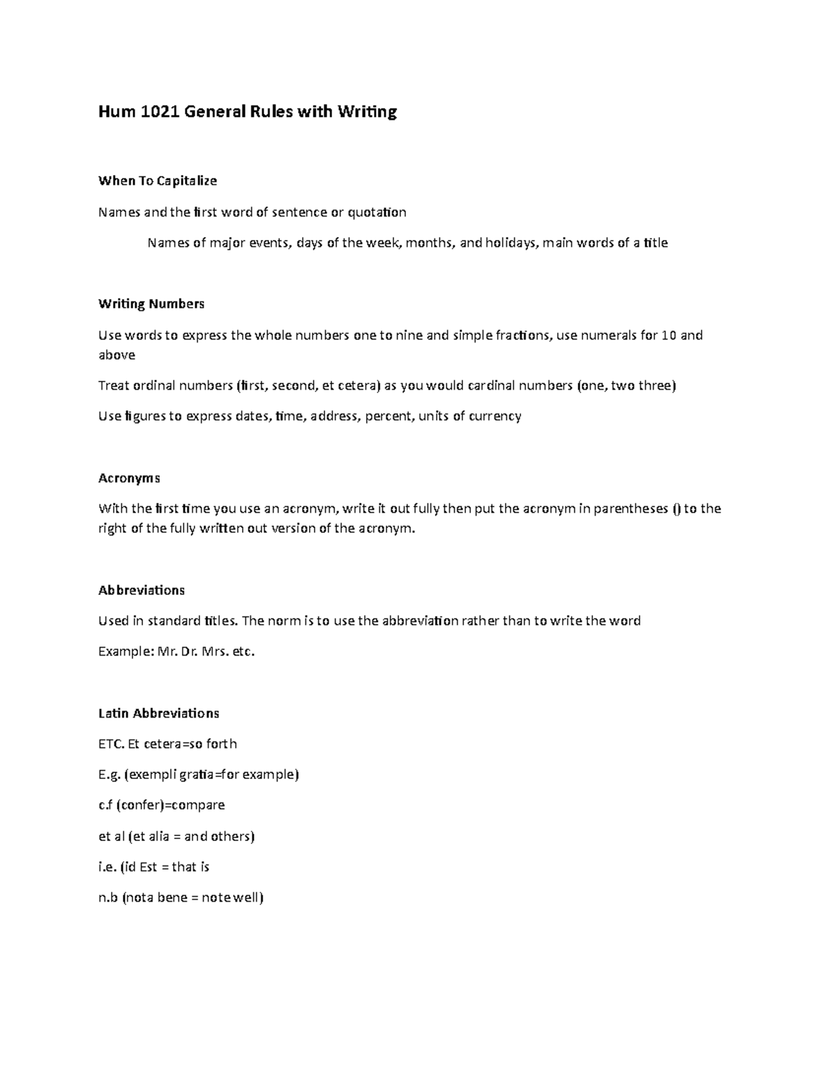 Hum 1021 General Writing Rules - Hum 1021 General Rules with Writing ...