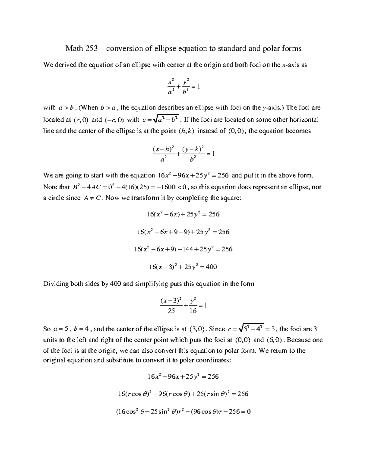 Math253 conversion of ellipse equation - Math 253 – conversion of ellipse equation to standard ...
