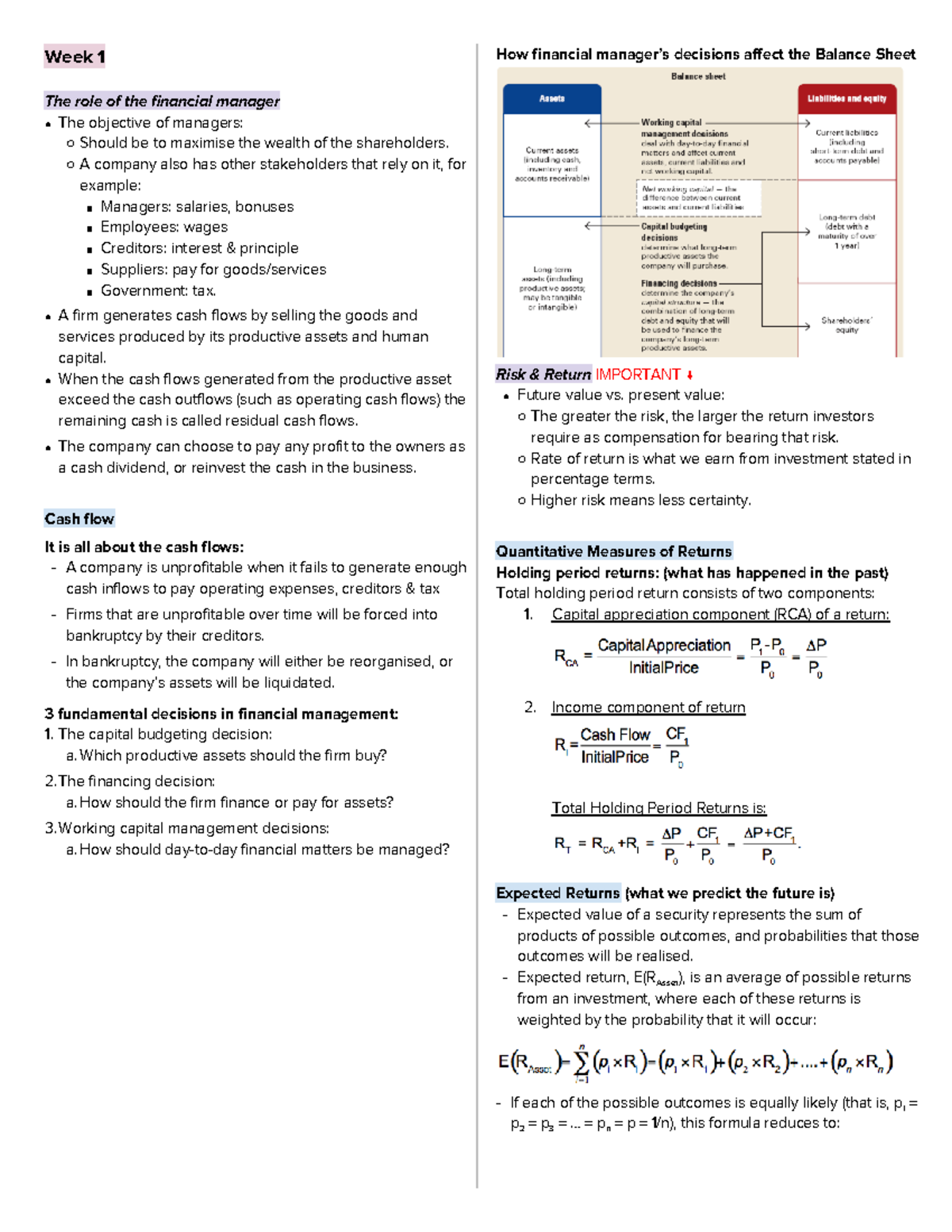 AFIN253 Week 1 Notes - Week 1 The role of the financial manager The ...