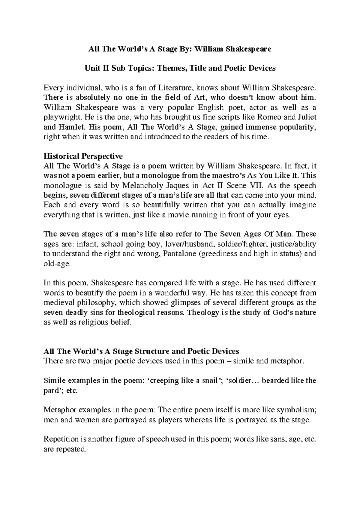 All The World is a Stage William Shakespear - Psychology - LPU - Studocu