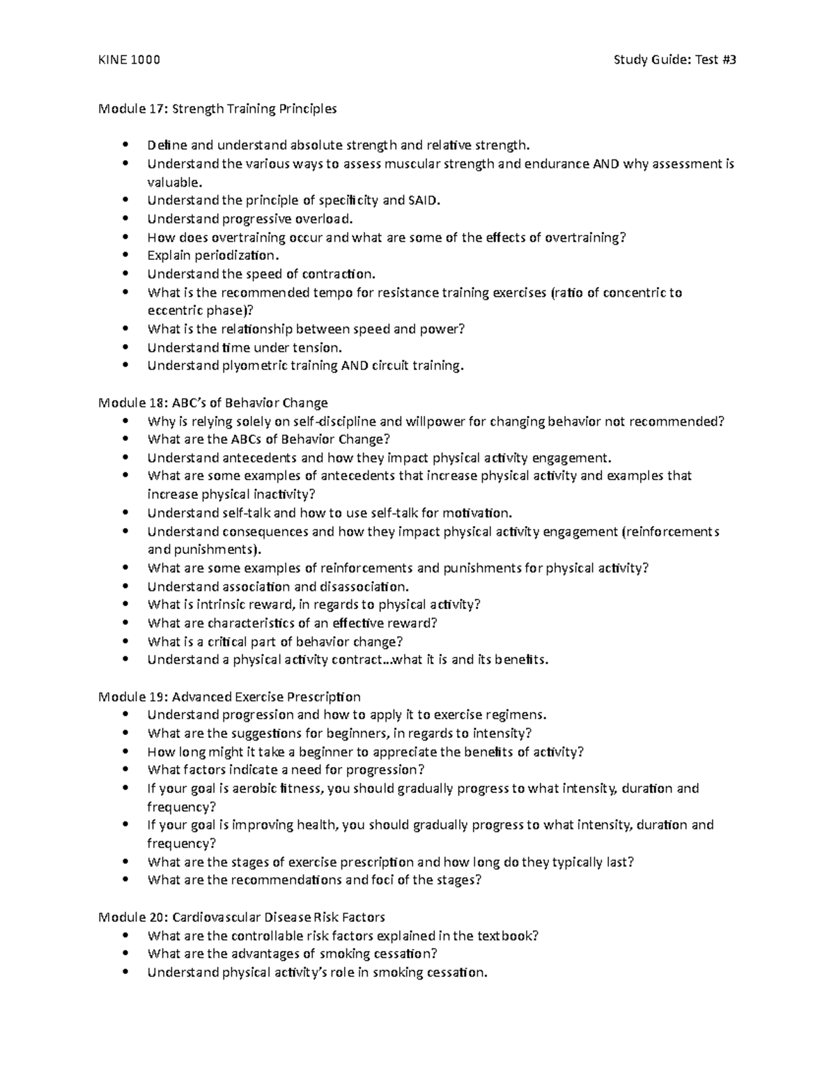 Test 3 Study Guide - KINE 1000 Study Guide: Test # Module 17: Strength ...