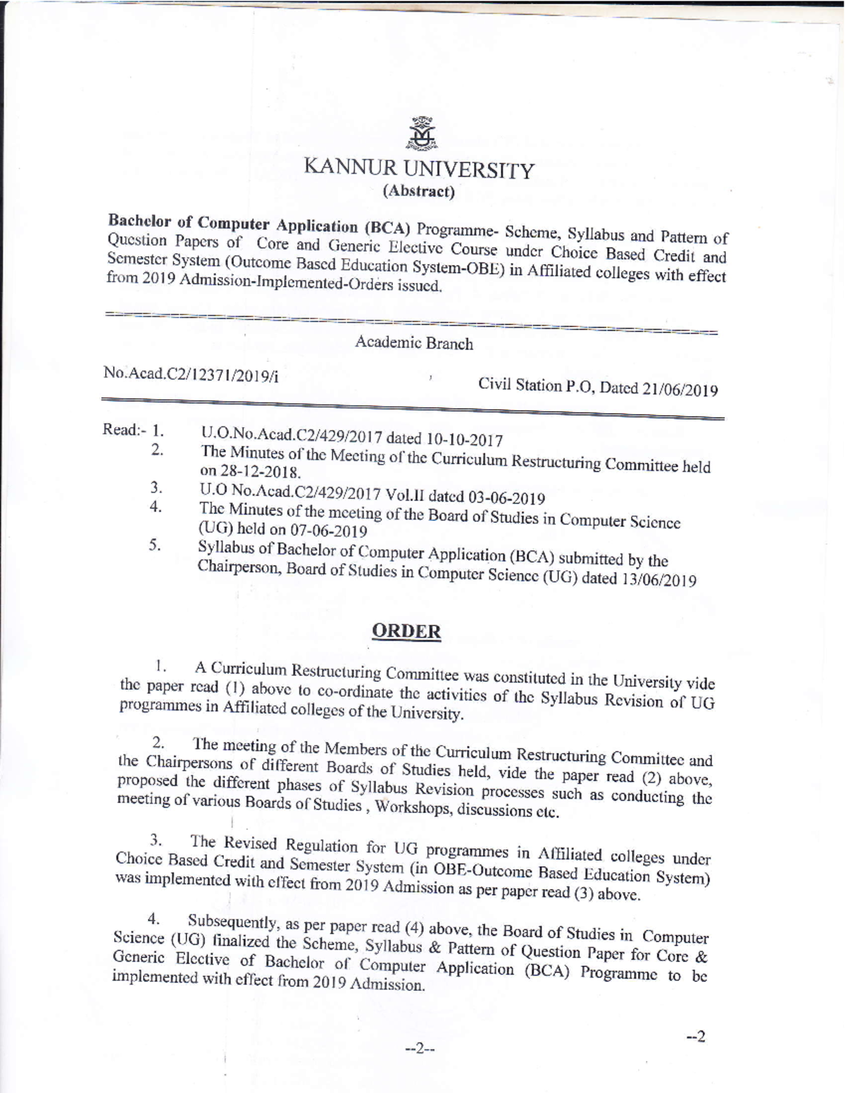 BCA 2019 sylaby 26 6 19 - KANNUR LINIVERSITY (Abstract) Il:h.-:hr:f Comp,te-r Apprication (BCA ...