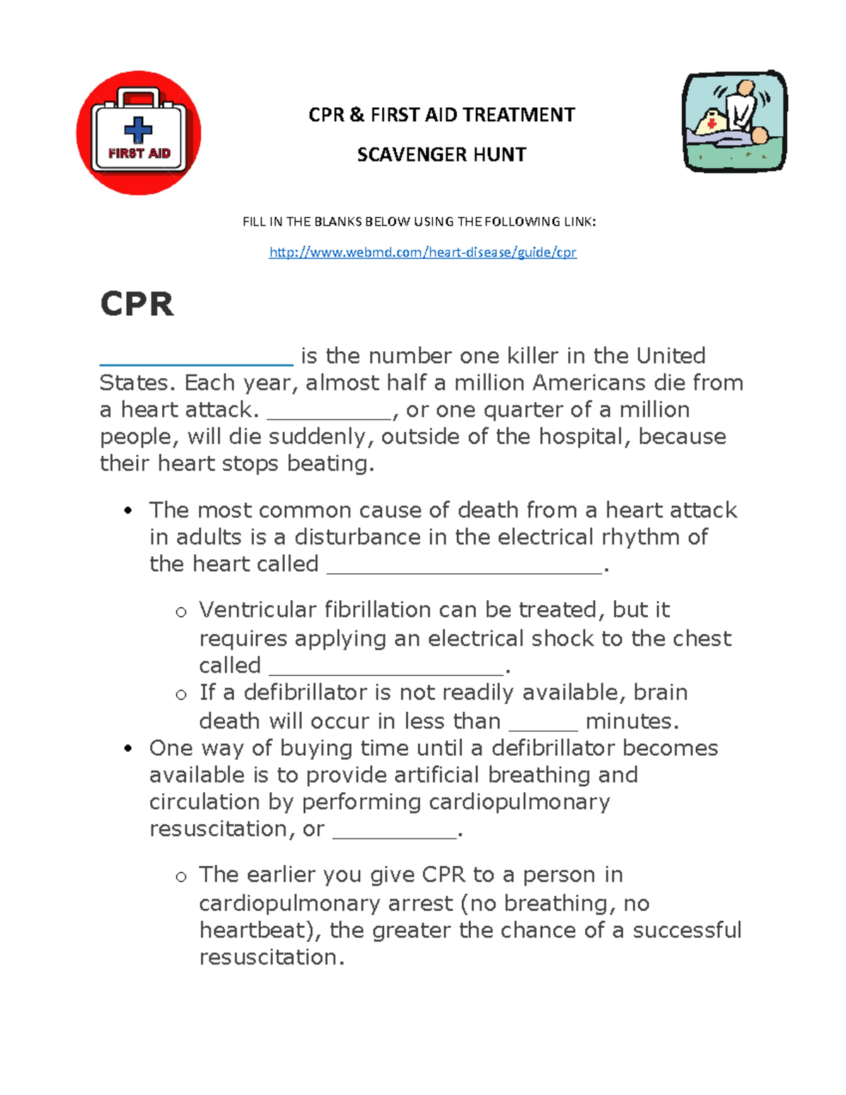 CPR and First Aid Scavenger Hunt - CPR & FIRST AID TREATMENT SCAVENGER ...