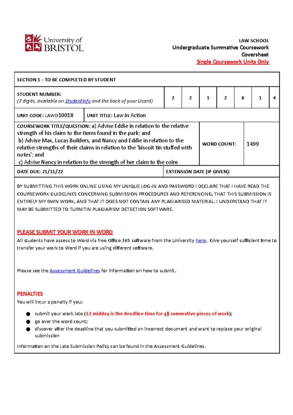 Feedback 2212614 LAWD10018 PQ - LAW SCHOOL Undergraduate Summative ...