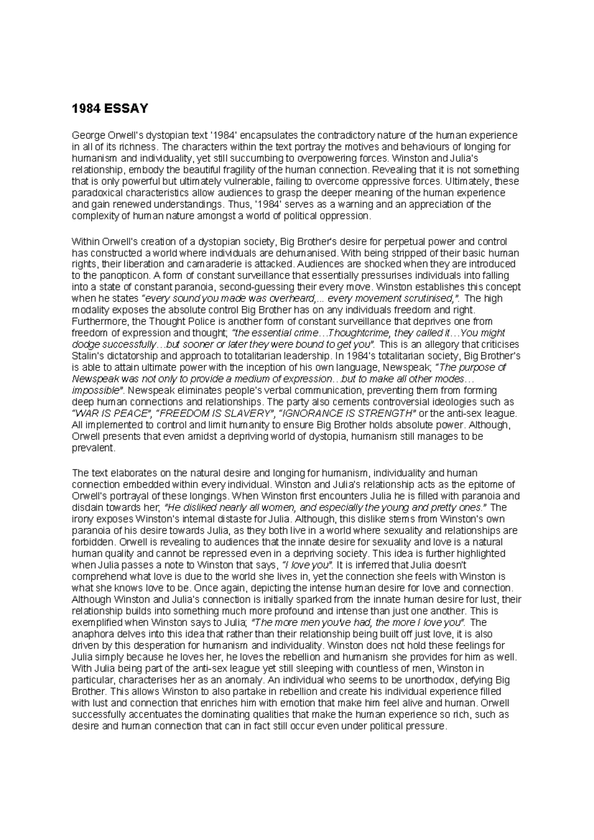 1984 Essay - 1984 ESSAY George Orwell’s dystopian text ‘1984 ...