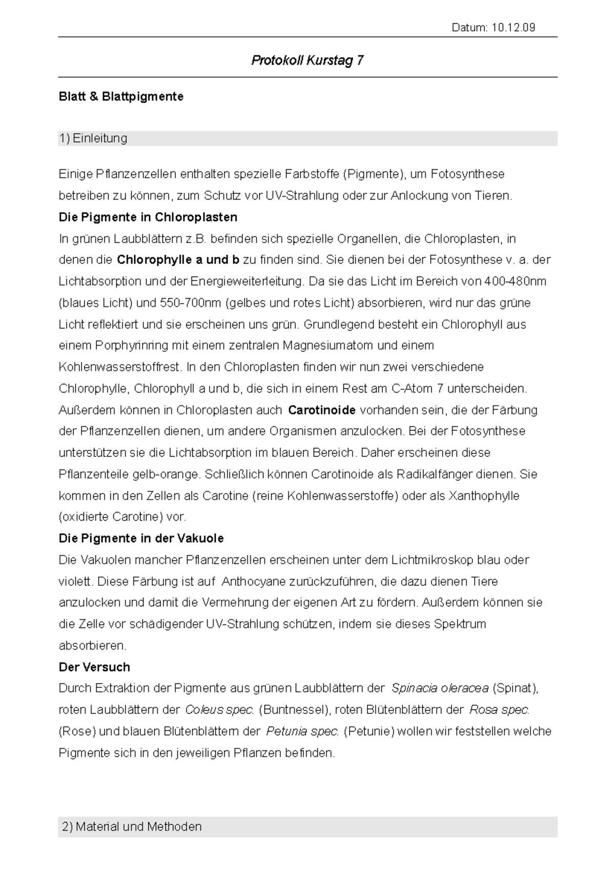 Protokoll Struktur und Funktion der Organismen, Kurstag 7, Blatt ...