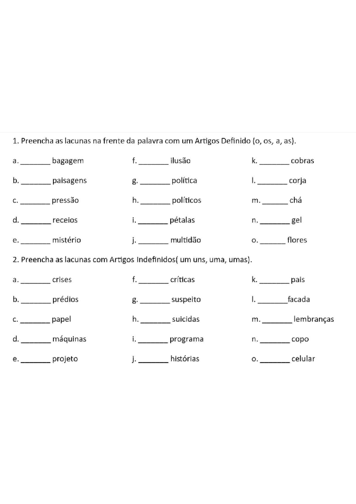 Pronomes Definidos portugués 1 practica - 1. Preencha as lacunas na ...
