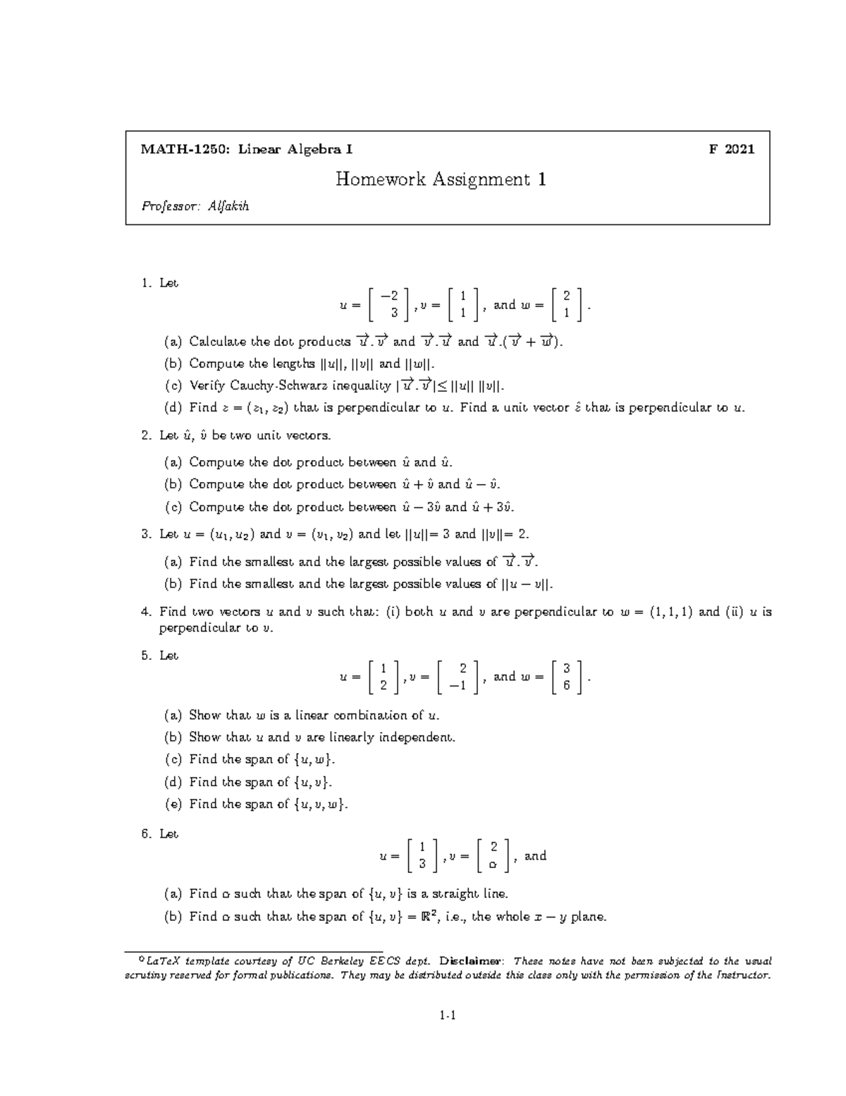 Hw1 Homework 1 For Linear Algebra 1 Year 2021 2022 MATH 1250