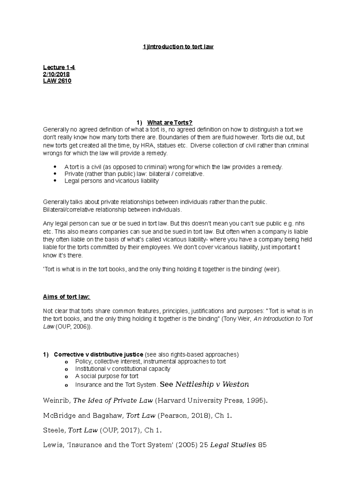 Lecture 1- intro to tort - 1)Introduction to tort law Lecture 1- 2/10 ...