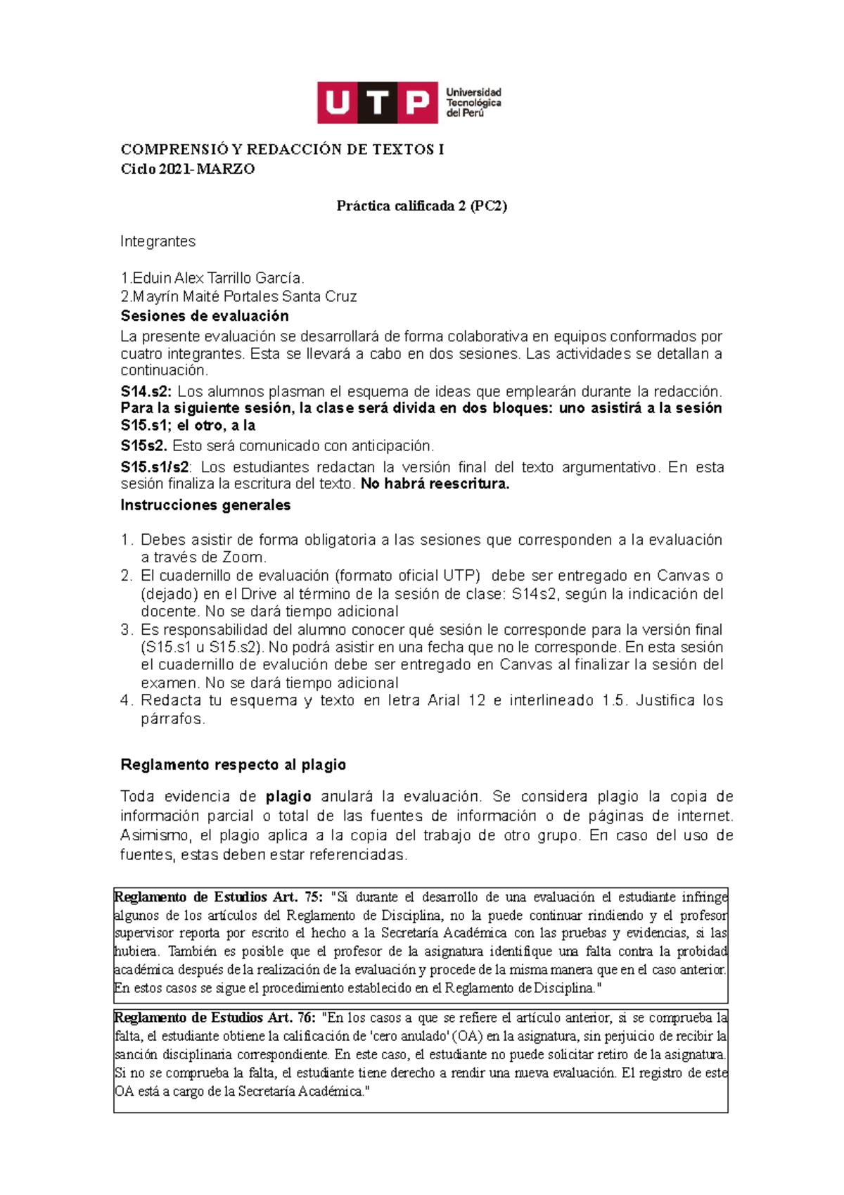 Esquema DE Ideas PC2 ( Eduin Y Mayrin) UTP - Reglamento de Estudios Art ...