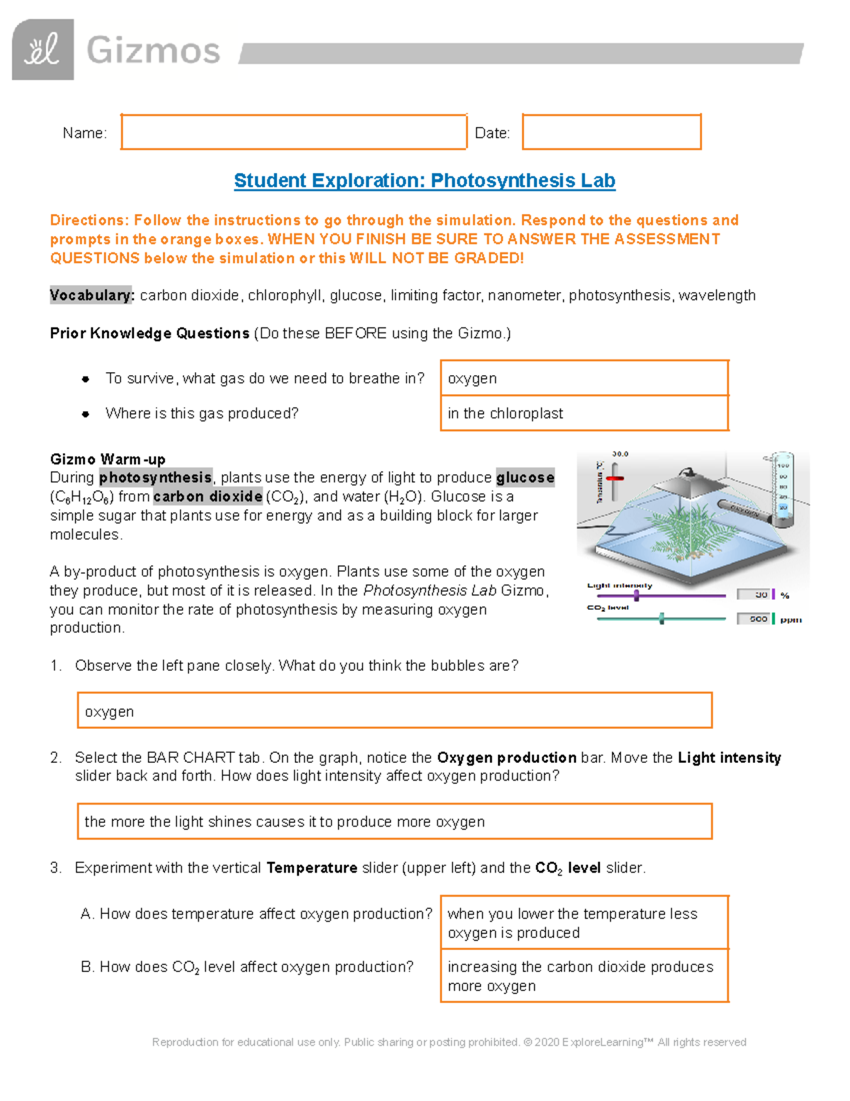 Photosynthesis Gizmo - 10801005 - Name: Date: Student Exploration ...