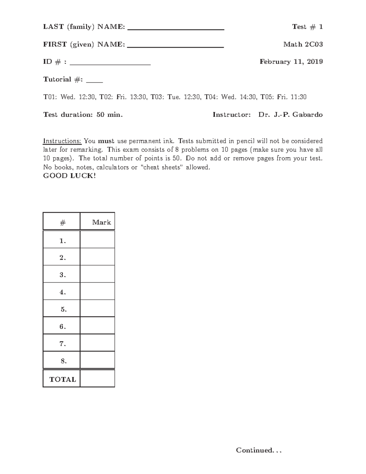Test 1 25 March 2019, questions and answers - LAST (family) NAME: Test ...