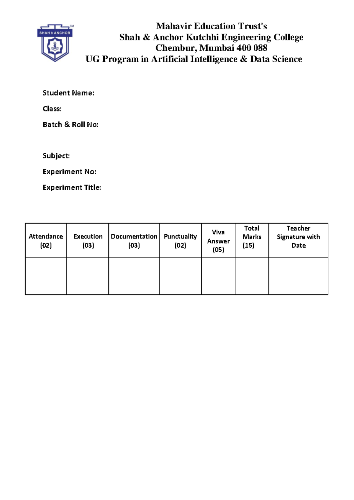 Autocad index grading pages AI&DS - Mahavir Education Trust's Shah ...
