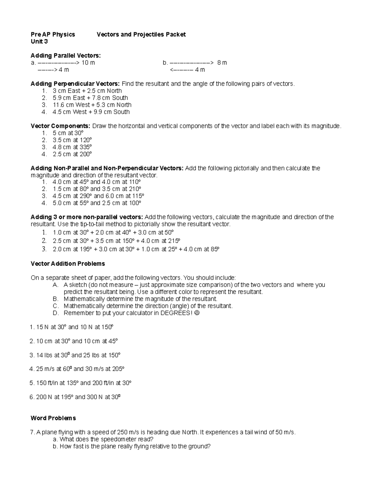 PAP Vectors Projectiles Problems - Pre AP Physics Vectors and ...