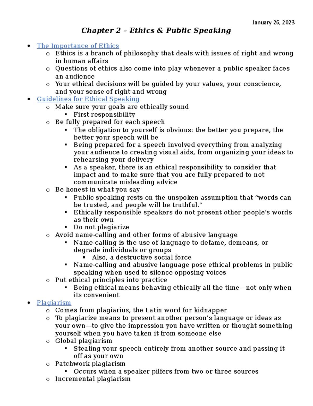 Chapter 2 - Ethics and Public Speaking - January 26, 2023 Chapter 2 ...