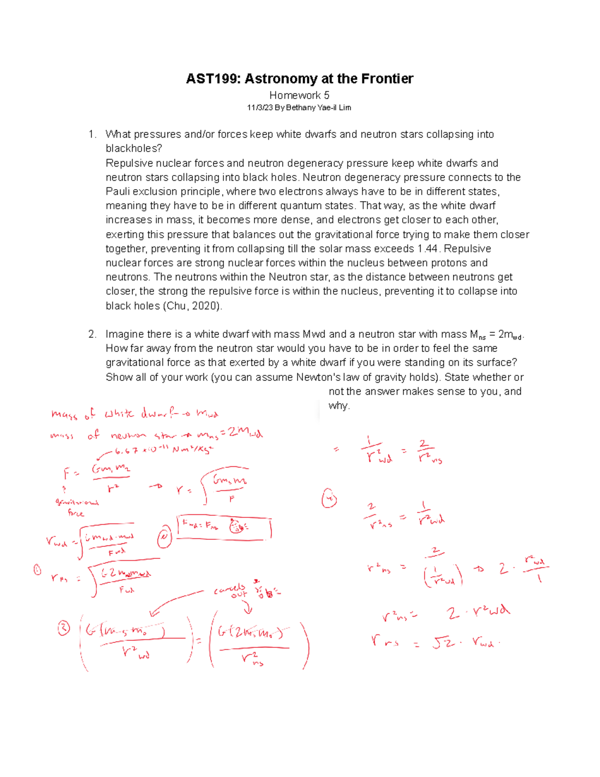 AST 199 Homework - AST199: Astronomy at the Frontier Homework 5 11/3/23 ...