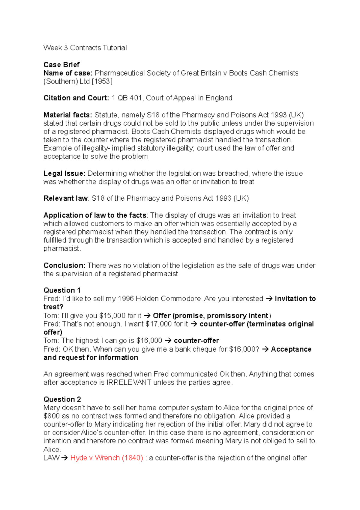 Week 3 Contracts Tutorial - Week 3 Contracts Tutorial Case Brief Name of case: Pharmaceutical ...