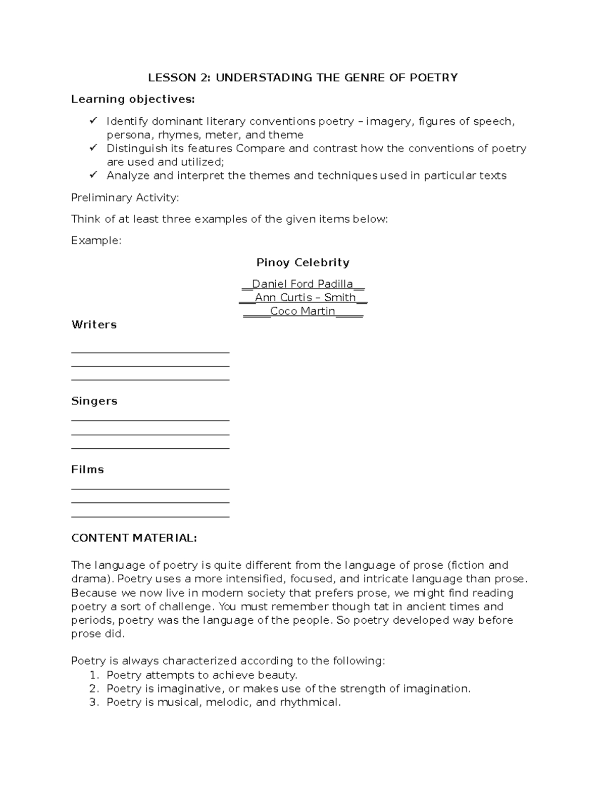 Lesson 2 - Copy - Notes for lectures - LESSON 2: UNDERSTADING THE GENRE ...