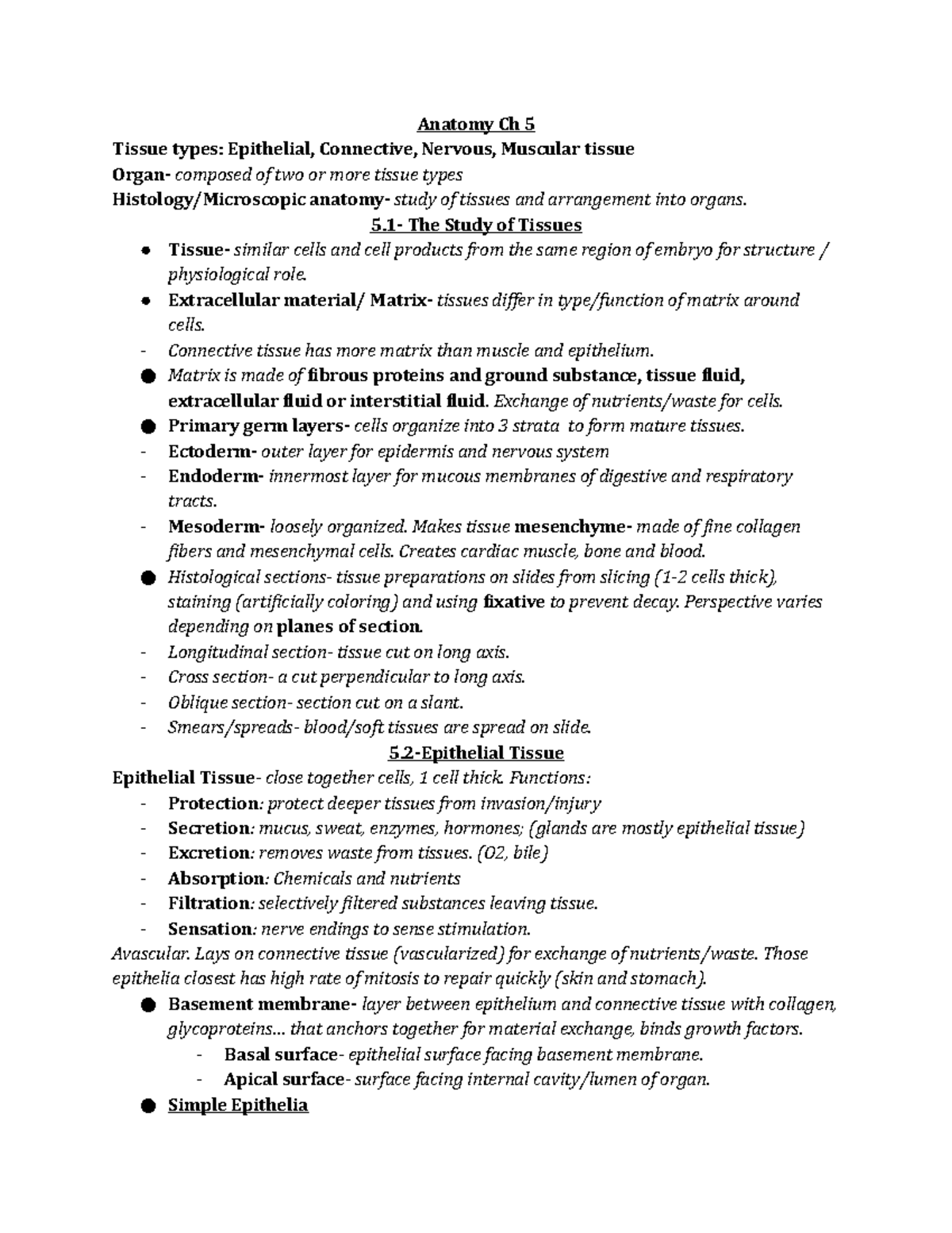 Anatomy Ch 5 - Chapter and lecture notes - Anatomy Ch 5 Tissue types ...