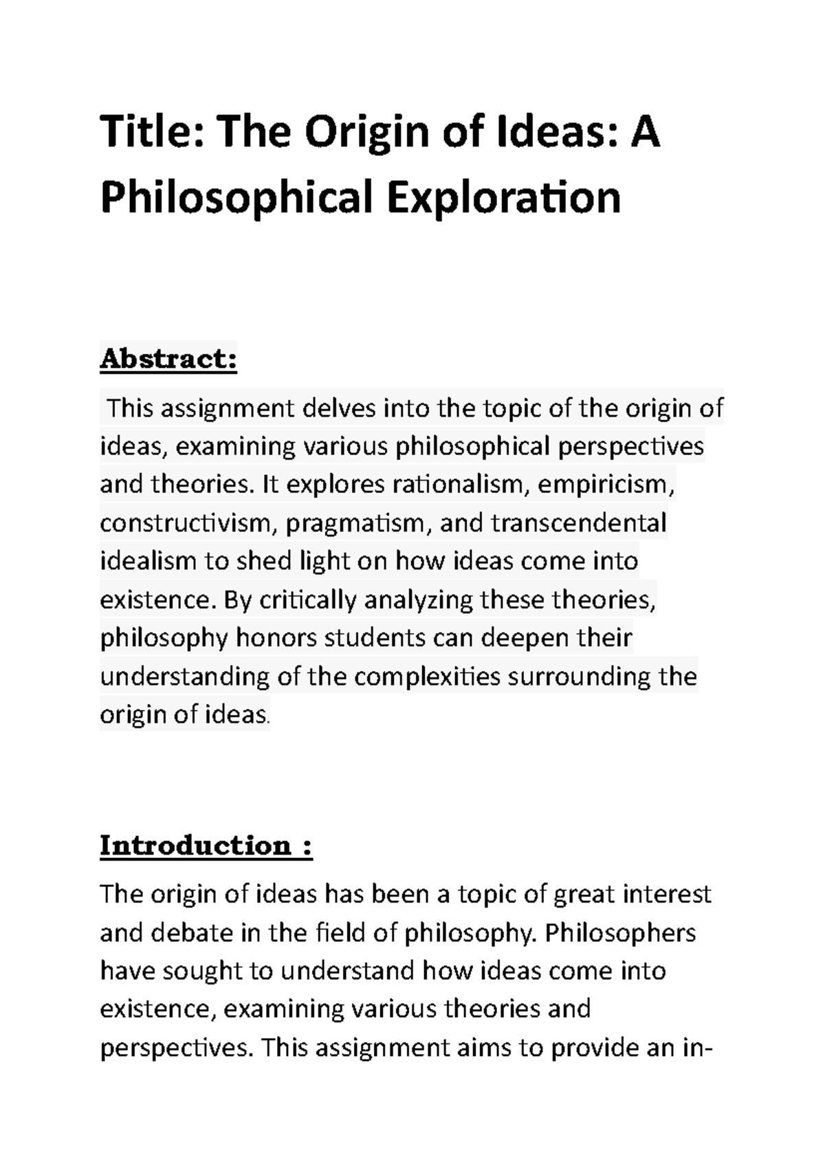 The origin of ideas , Fundamentals of Philosophy - Title: The Origin of ...