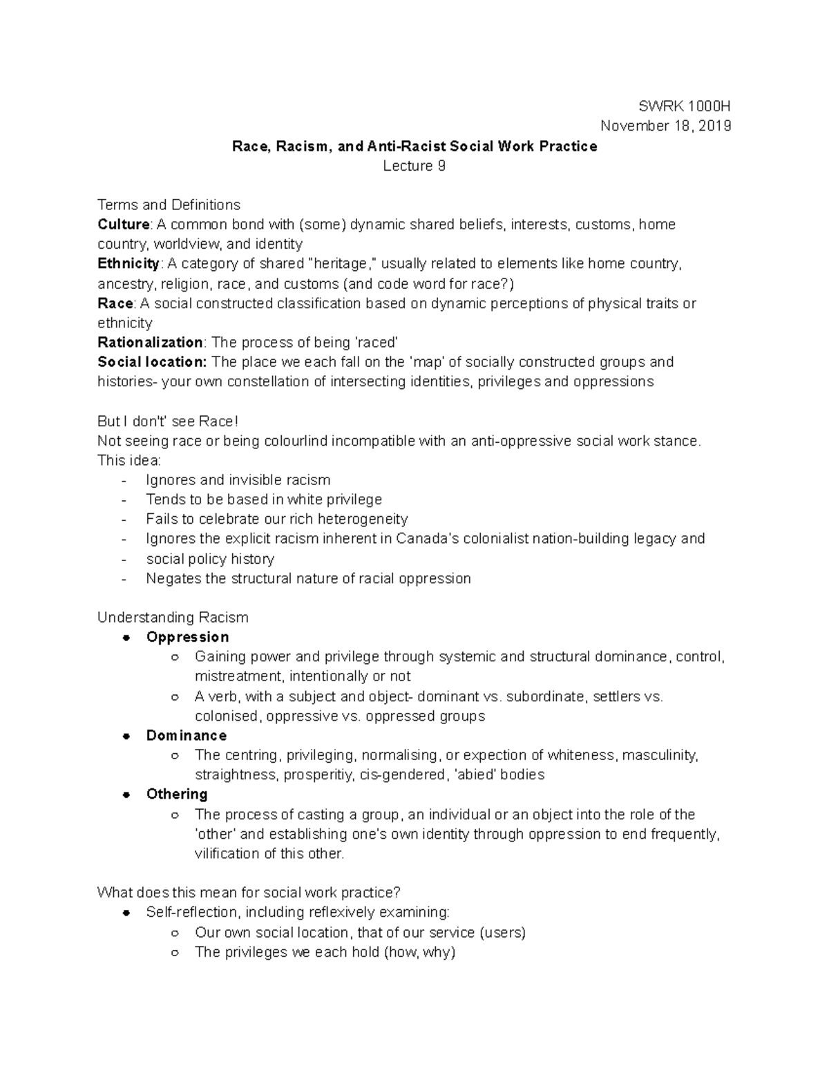 SWRK Lecture notes 9 - SWRK 1000H November 18, 2019 Race, Racism, and ...