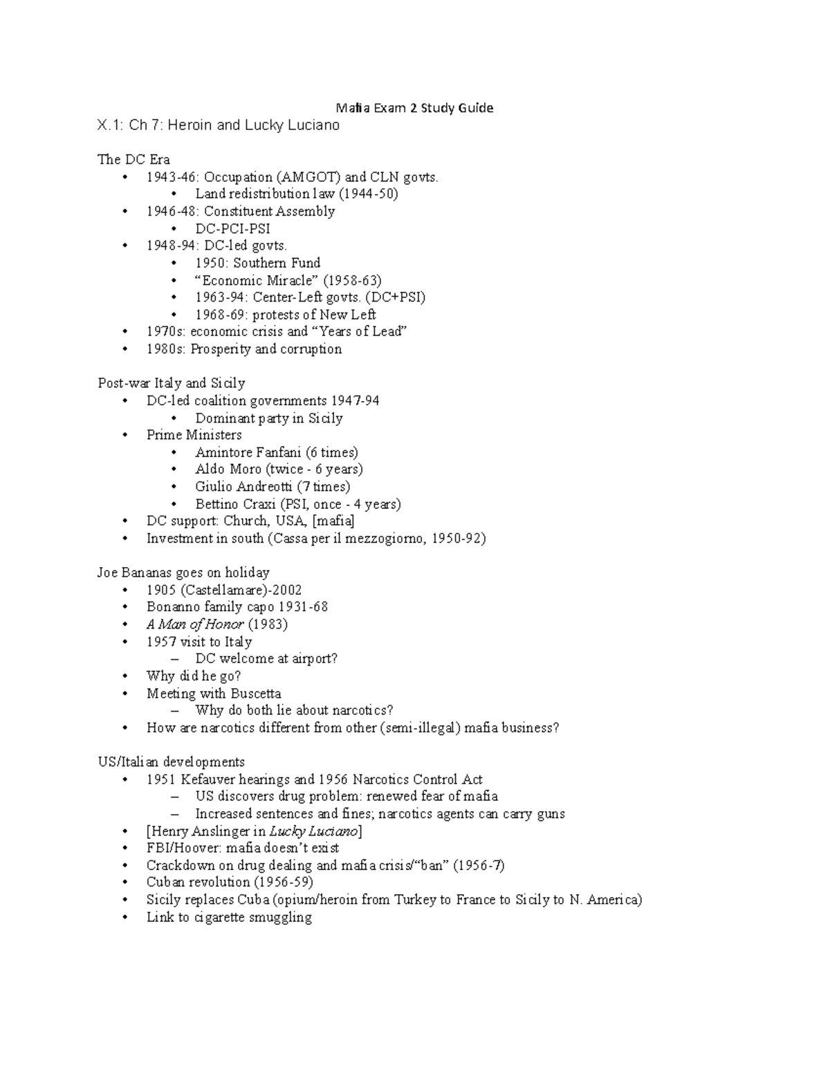 Mafia Exam 2 Study Guide - Mafia Exam 2 Study Guide X: Ch 7: Heroin and ...