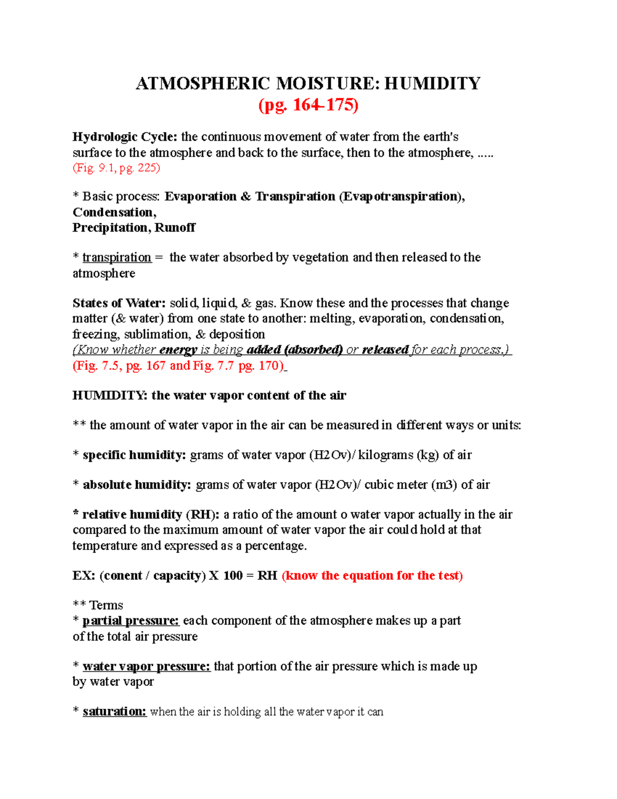 Lecture 9 - ATMOSPHERIC MOISTURE: HUMIDITY (pg. 164-175) Hydrologic ...