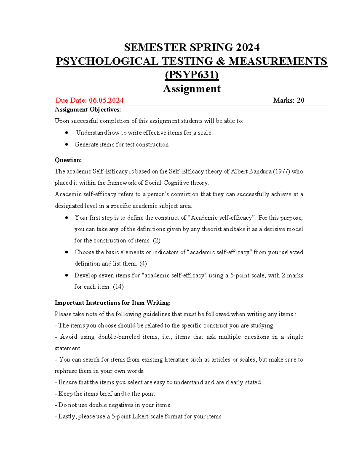 Spring 2024 PSYP631 1 - Nothing - SEMESTER SPRING 2024 PSYCHOLOGICAL ...