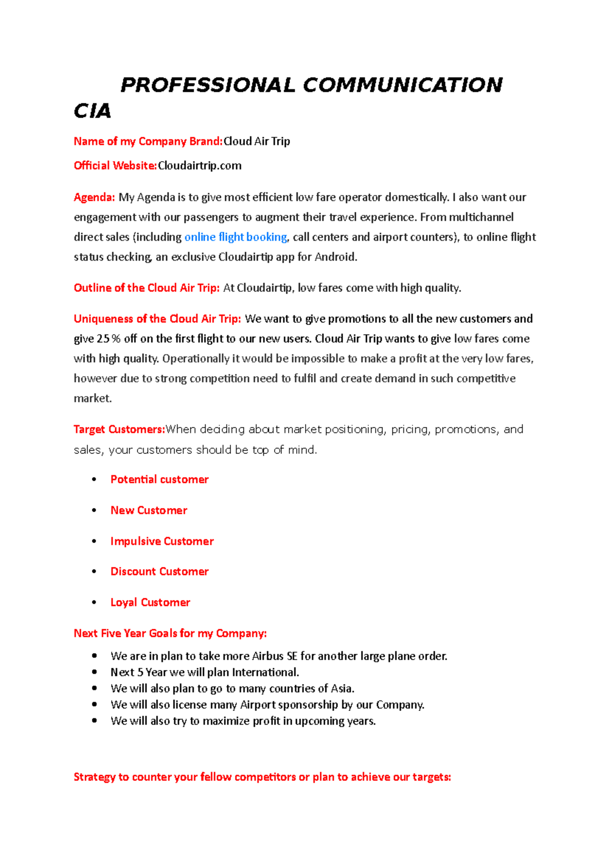 CIA - Important notes and CIA - PROFESSIONAL COMMUNICATION CIA Name of ...