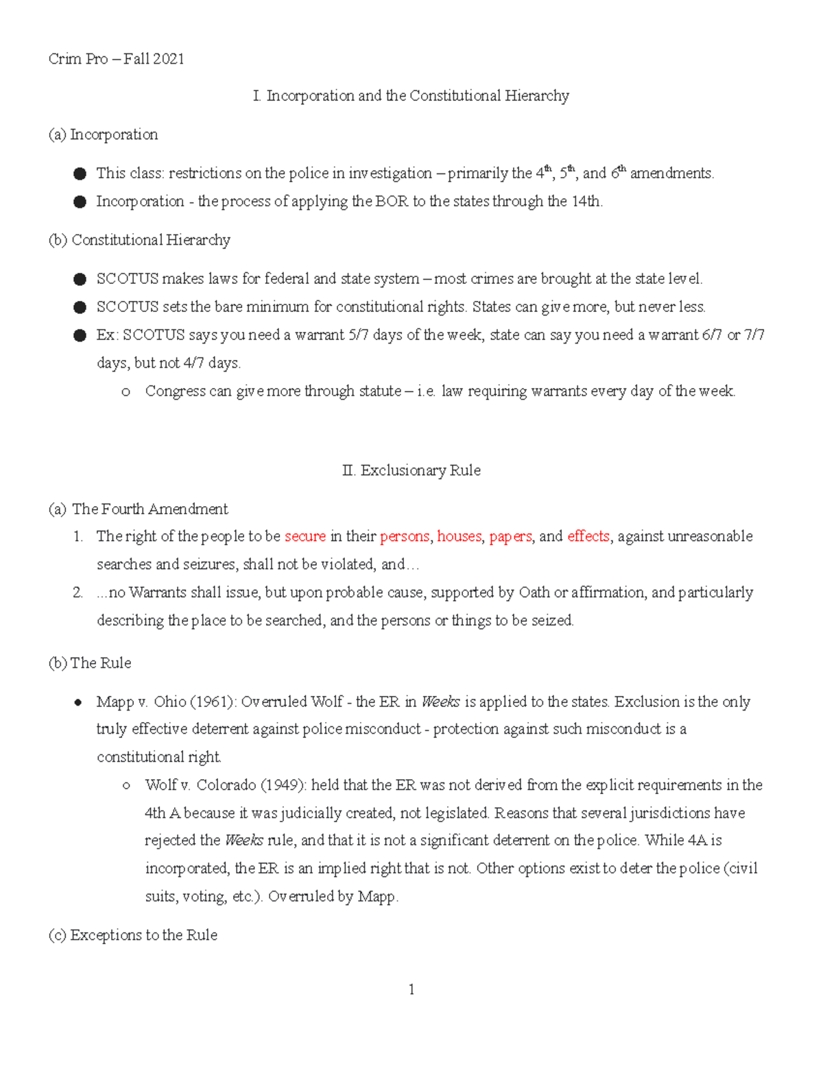 CRIM PRO Outline - I. Incorporation and the Constitutional Hierarchy (a ...