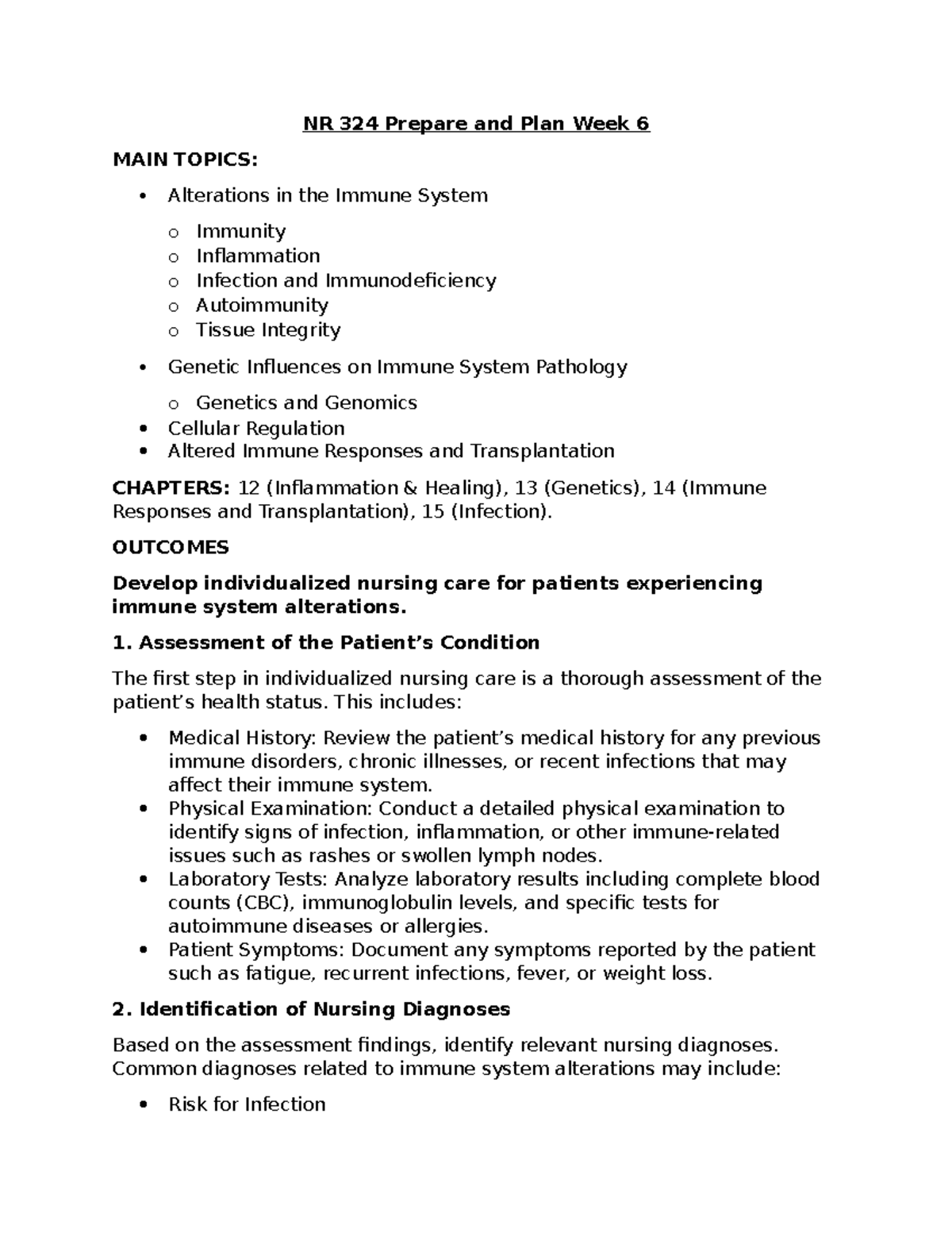 NR 324 Prepare and Plan Week 6 - OUTCOMES Develop individualized ...