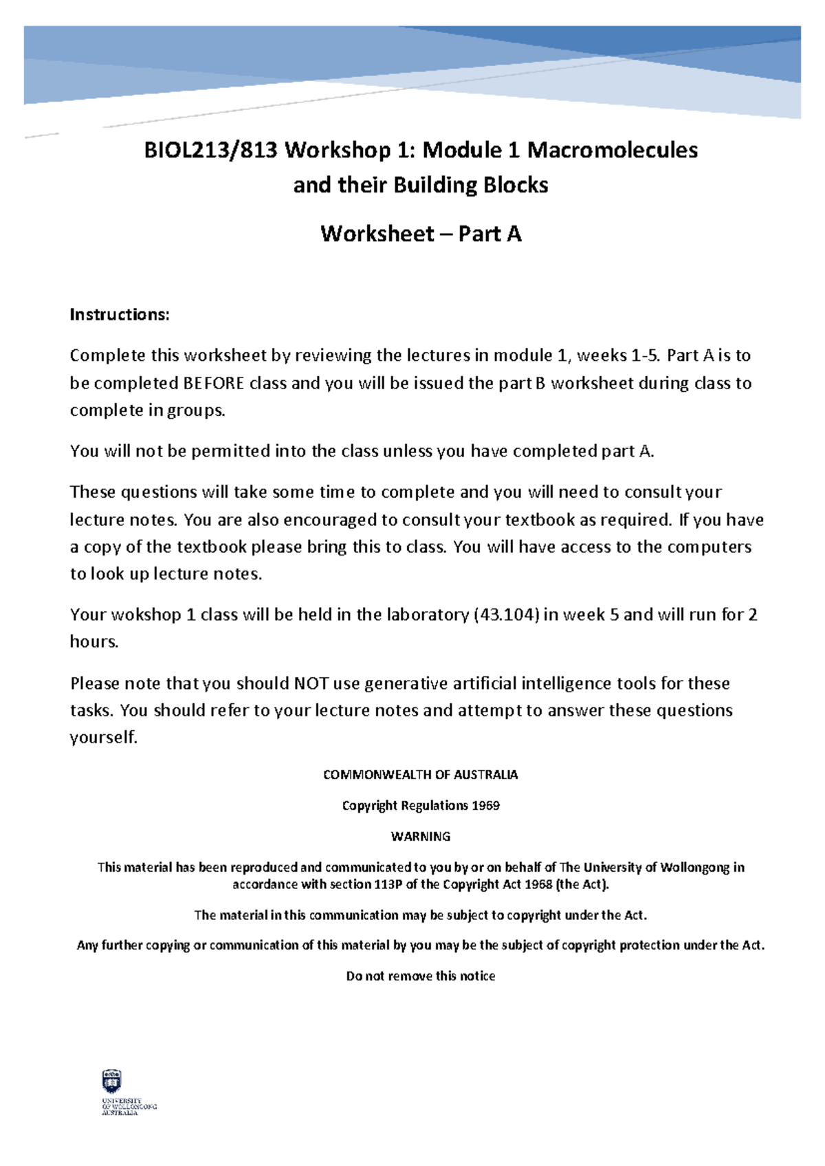 BIO PRE LAB - BIOL213/813 Workshop 1: Module 1 Macromolecules and their ...