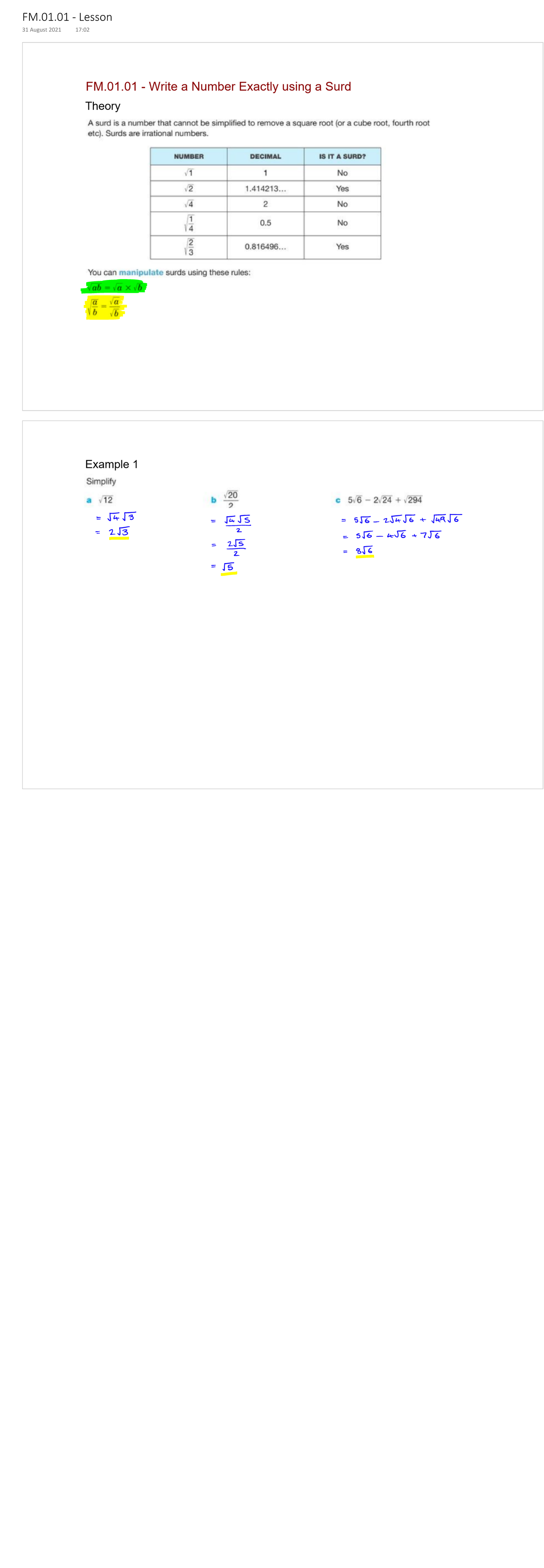 Surds: Chapter 1 - Math: igcse further math - FM.01 - Lesson 31 August ...